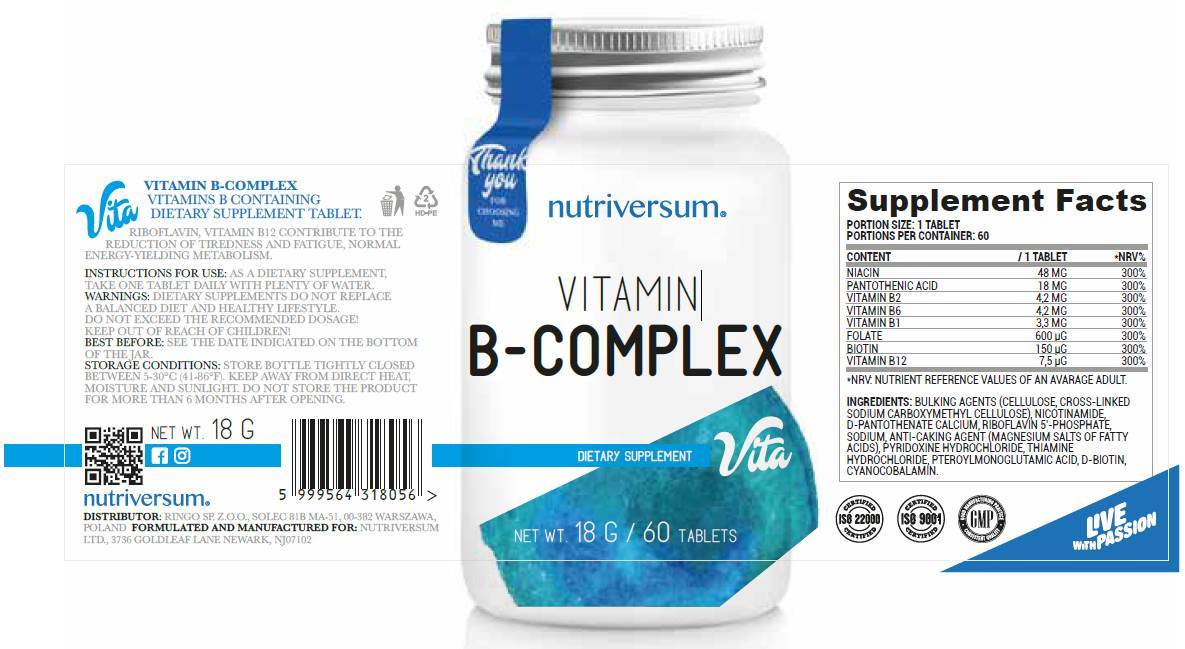 Nutriversum - Vitamin B-Complex / 30 Таблетки, 30 дози