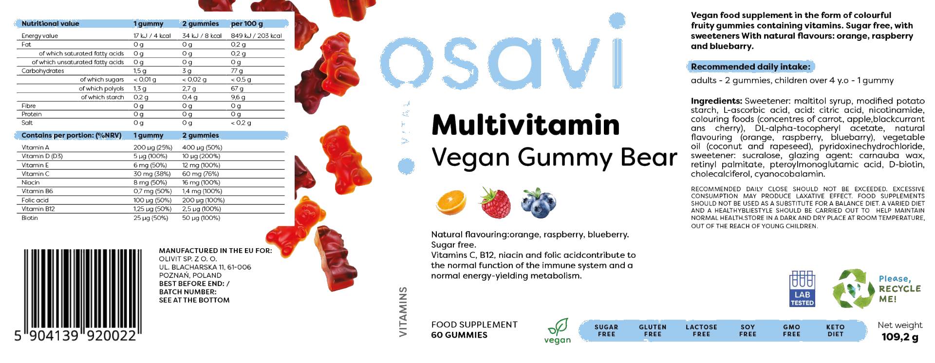 Osavi - Multivitamin Vegan Gummy Bear | Orange, Raspberry, Blueberry